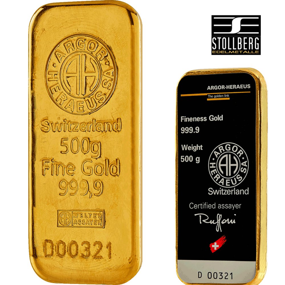 ARGOR Heraeus 500g Goldbarren Feingold 999.9 gegossen